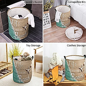 Laundry Basket Summer Coastal Starfish Teal Sea,Waterproof Collapsible Clothes Hamper Life is Better at Beach Seashells Farm Wood Planks,Large Storage Bag for Bedroom Bathroom 16.5x17In