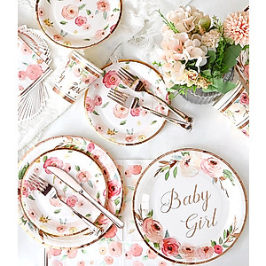 Rose Gold Baby Shower Plates and Napkins Girl - Serves 16 - Includes Baby Girl Plates Cups Napkins Knifes Forks Floral Baby Shower Decorations for Girl Baby Shower Favor Decor Party Supplies