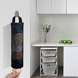 QIANRENON Kitchen Grocery Plastic Bag Holder and Dispenser, Waterproof Washable Wall Mount Folding Mesh Storage Bag 2 Pack Black