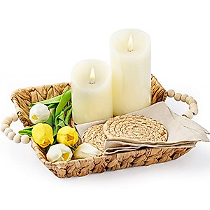 Decorative Tray Square Woven Storage Baskets with Wood Bead Handles Boho Coffee Table Decor Hand-Woven Wicker Serving Tray for Coffee/Fruit