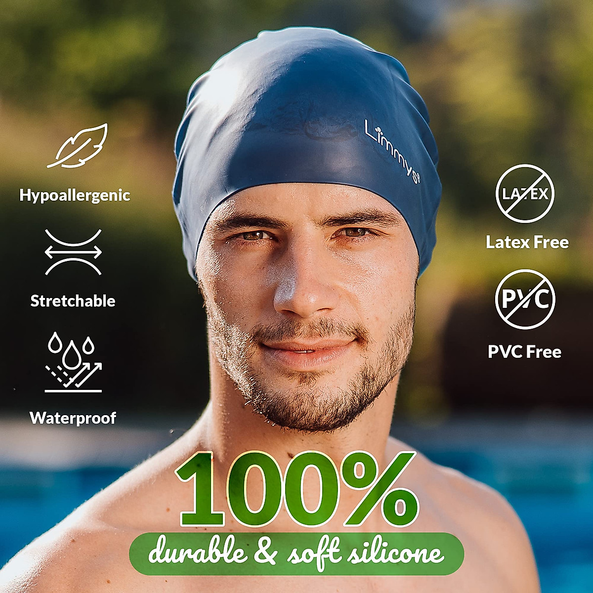 Limmys Men’s Women’s Unisex Swimming Cap - 100% Silicone Ladies Swim Caps - Premium Quality, Stretchable and Comfortable Swimming Hats - Available in Different Attractive Color (Navy Blue)