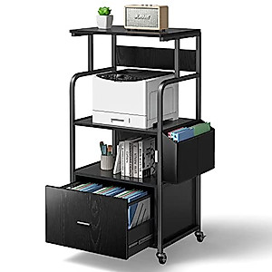 Bealife 3 Tier Home Office Printer Stand with Drawer,Side Canvas Bag, Metal Hook, Tall Mobile Printer Rack Cart with Ample Storage Space, Durable Lockable Casters, Multifunctional in Use - Black