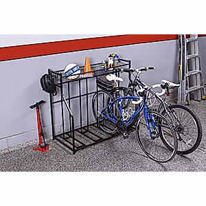 4 Bike Stand Rack with Storage – Great for Parking Road, Mountain, Hybrid or Kids Bikes – Garage Organizer - Helmet - Sports Storage Station - Black