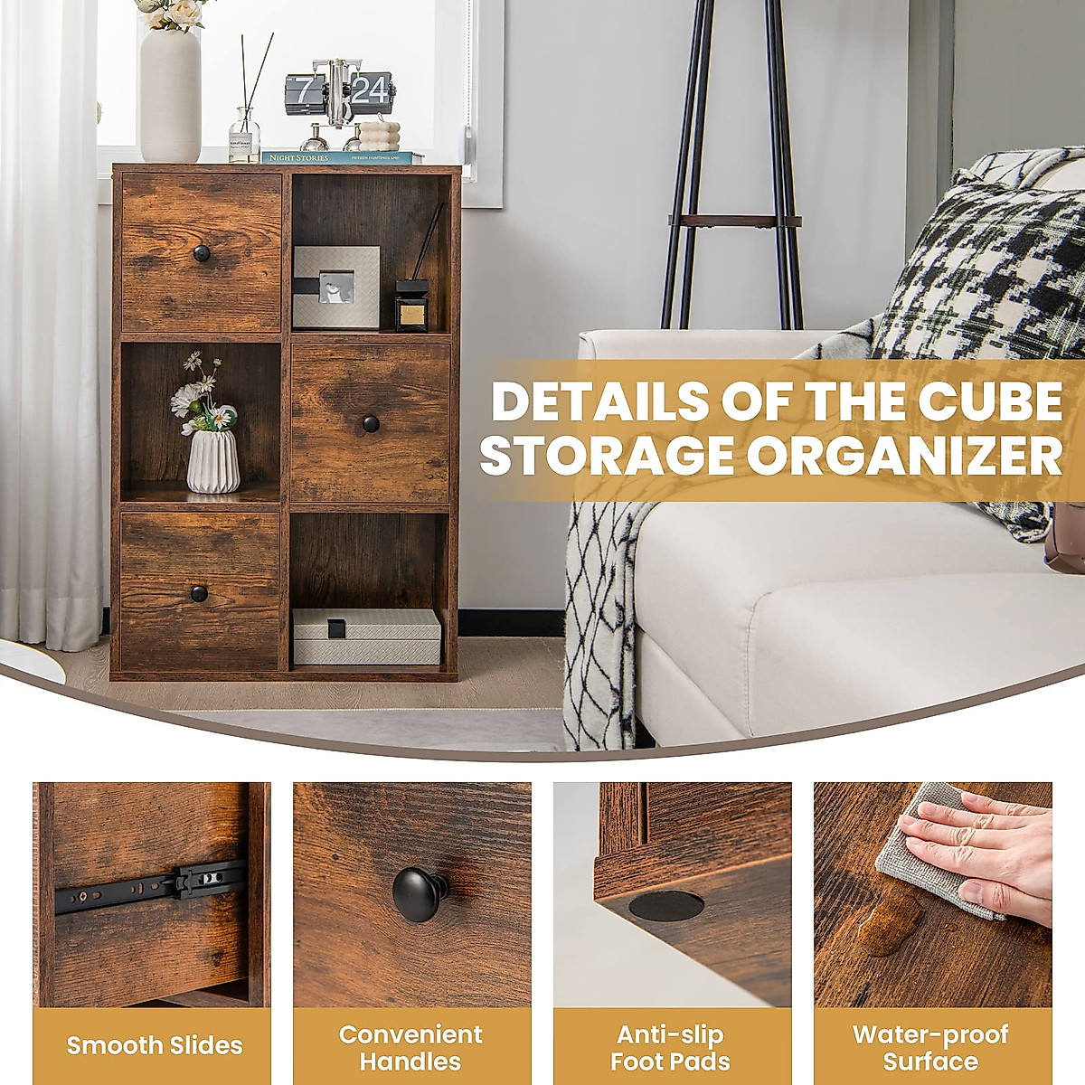 IFANNY 6 Cube Bookcase, 3 Tier Bookshelf with Drawers, Wood Storage Shelves, Modern Display Shelf, Cubical Book Cases, Small Book Shelf for Bedroom, Living Room, Home Office (Rustic Brown)