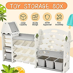 Veemuaro Toy Storage Organizer, Kids Bookcases and Children's Toy Organizer Rack, Kids Toy Box Chest with 17 Storage Bins and 4 Tier Bookshelf for Kids Room, Classroom and Nursery (All-in-One, Gray)