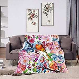 Throw Blanket 60x80 Inch,Bird Blossom Plum Vintage Flannel Soft Cozy Fluffy Throw Blankets and Warm Throws for Adults in Couch Sofa Bed 80x60 Inch