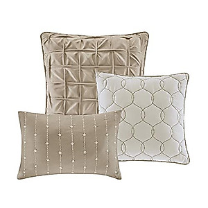 Madison Park Walter Comforter-Luxe Seersucker Print Design All Season Down Alternative Bedding, Matching Shams, Bedskirt, Decorative Pillows, Queen (90 in x 90 in), Taupe