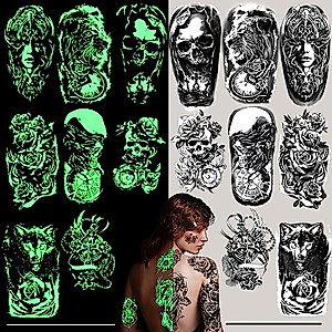 24 Sheets Glow in the Dark Temporary Tattoo Wolf Flower Luminous Fake Tattoos for Adults Men Women Kids Tiny Halloween Tattoo Stickers Neon Rave Festival Accessory Glow Party Supplies Decorations
