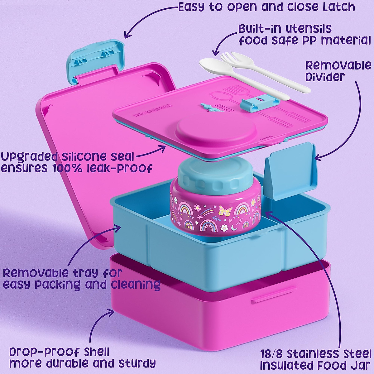 Fimibuke Bento Lunch Box with Leak Proof 8oz Soup Thermos, 60oz Lunch Container with Insulated Food Jar, 3-4 Compartments, Sauce Jar & Utensils for Kids Adult Teens Toddlers, BPA-Free, Dishwasher Safe