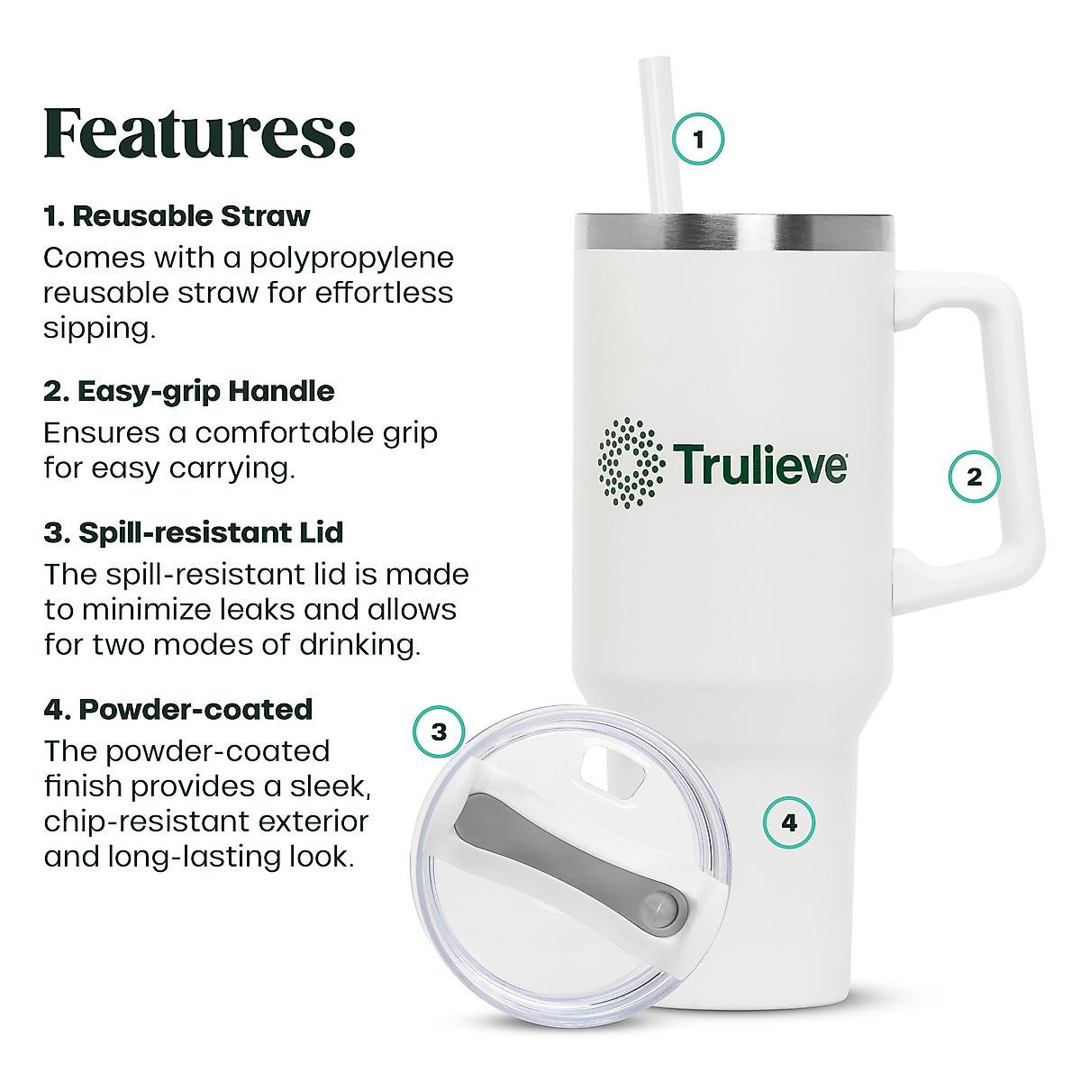 TRULIEVE 40oz Insulated Tumbler with Handle and Straw – Stainless Steel Travel Coffee Mug, Double-Wall Vacuum Cup for Hot & Cold Drinks, Spill-Resistant Lid, Large Capacity for Work, Gym & Commute