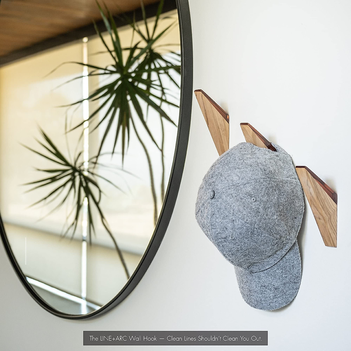 LINE+ARC The Wall Hook (Set of 3, Amber). Solid Olive Wood & Acrylic Resin. Mid-Century Modern, Minimalist, Scandinavian, for Coat hat Towel. 25lb Weight Limit.