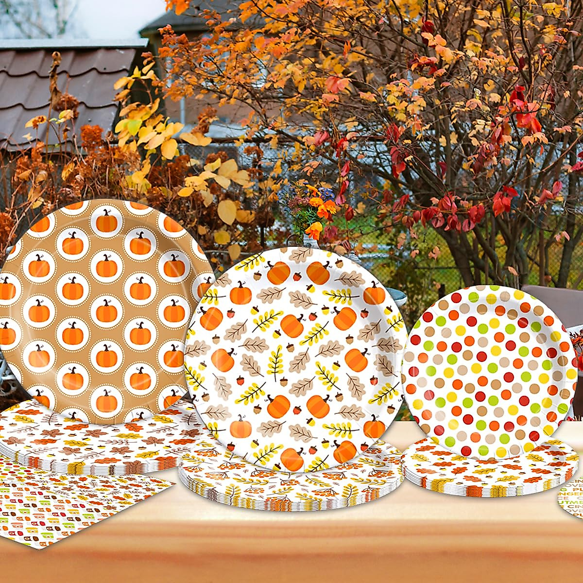 60Pcs Fall Plates and Napkins-Autumn Party Supplies Little Pumpkin Maple Leaf Dinnerware Kit for Thanksgiving,Birthday,Baby Shower