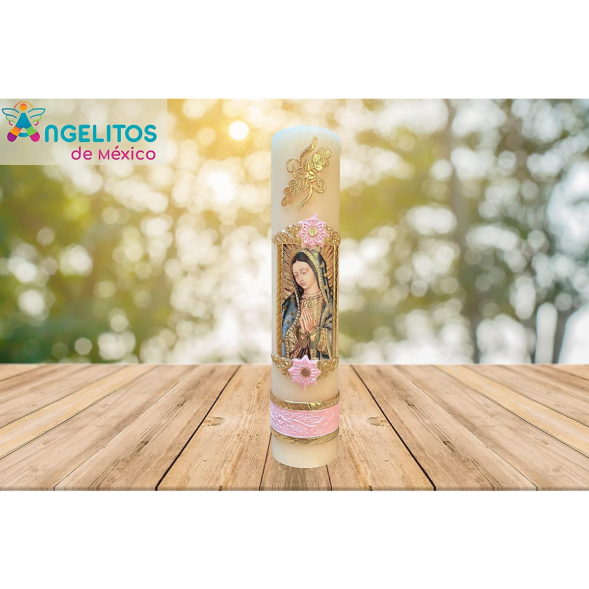 Angelitos de Mexico Guadalupana Virgen de Guadalupe Artisan Pink Candle Cirio Vela de la Guadalupana Fe Catolica