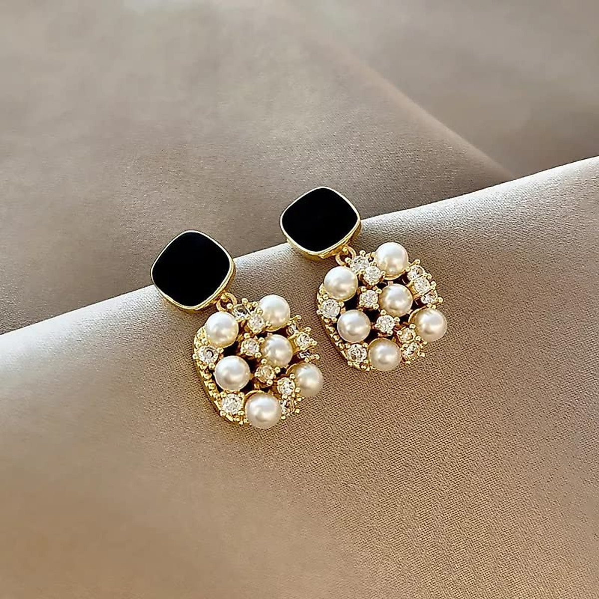AYNN 18k Gold Plated Black Square Cubic Zircon Pearl Drop Dangle Earring Jewelry Hypoallergenic