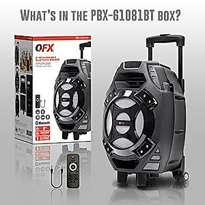 QFX PBX-61081 Rechargeable Portable Speaker | 8" Woofer | 2,600 Watts | Bluetooth, AUX, SD Card, FM Radio | Handle, Wheels, 12 Lbs | Perfect for Tailgating, Indoors, Outdoors Audio | Silver