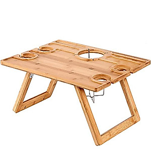 Ollieroo Portable Picnic Table for Wine and Glass, Outdoor Wooden Foldable Champagne Picnic Table, Bamboo Snack & Cheese Tray for Indoor/Outdoor