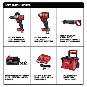 Milwaukee 2997-23SPO M18 FUEL 18-Volt Lithium-Ion Brushless Cordless Combo Kit (3-Tool) with Two 5.0 Ah Battery and PACKOUT Rolling Tool Box