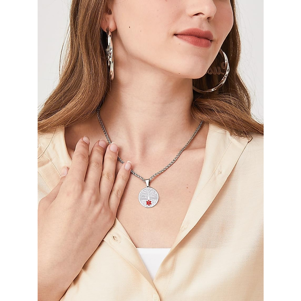 Custom4U Medical Alert Necklace for Women Men Personalized Stainless steel Medical ID Tag Pendant with Free Engraving