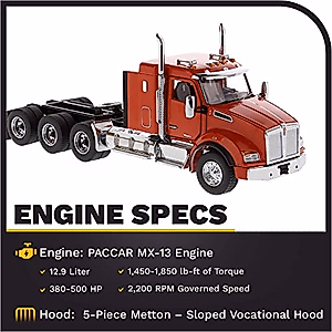 Diecast Masters Kenworth T880 SBFA Tractor Truck, Tridem Tractor with 40" Sleeper - Speed Orange | Real Truck Specifications | 1:50 Scale Model Semi Trucks | Diecast Model 71057