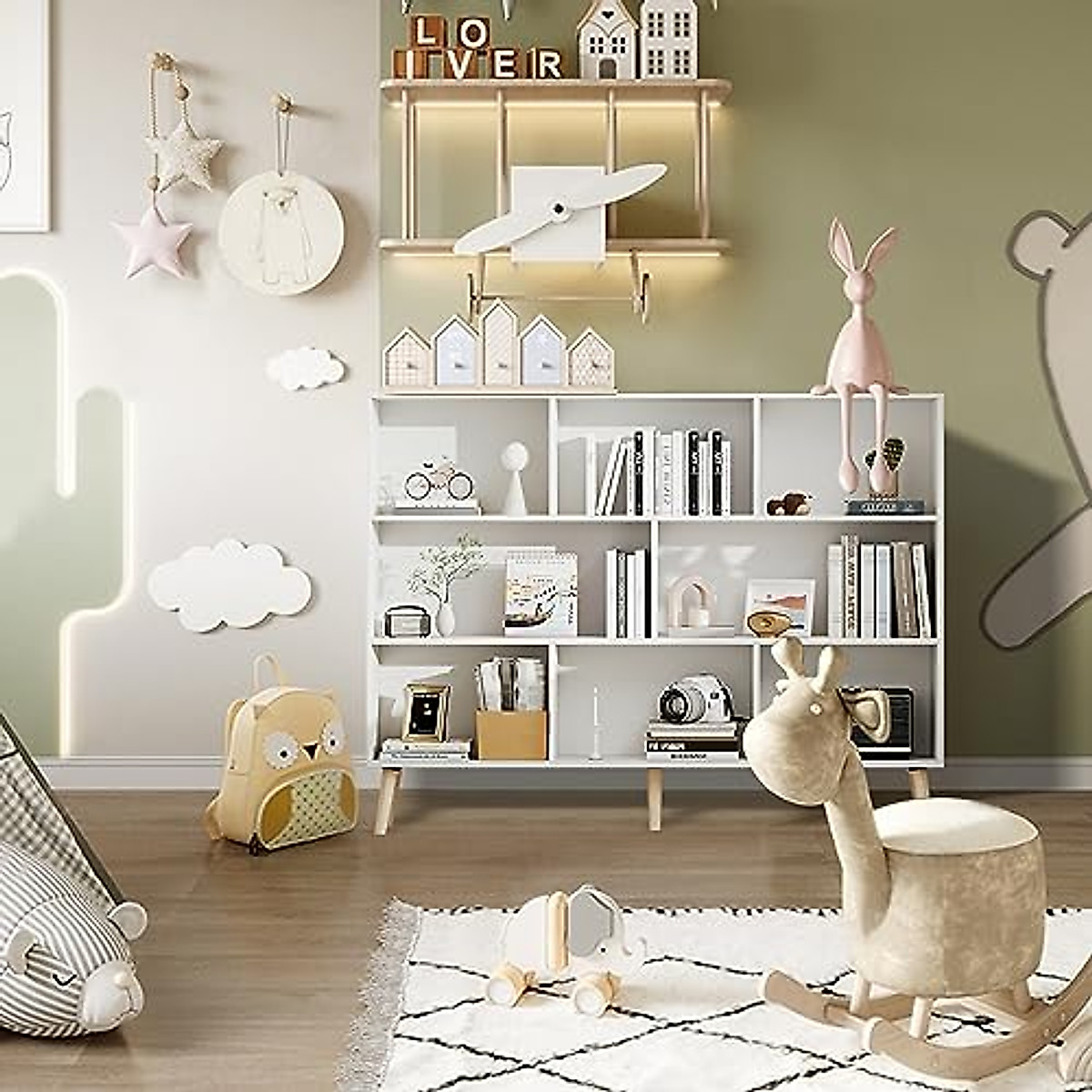 DIFY Wooden Bookcase 8 Cube Open Bookcase with Legs, 55.1" Display Bookshelves Storage Organizer Shelf for Living Room, Home Office and Bedroom, White