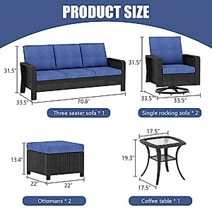 EcoTide 6-Piece Patio Furniture Set with Outdoor Swivel Rocker Chairs,PE Rattan 3-Seat Sofa Couch,Ottomans and Side Table Wicker Sectional Conversation Sets for Garden, Deck,Backyard Blue Cushions