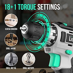 Litheli Cordless Drill Set, 20V Max Power Drill Cordless Set, 3/8” Keyless Chuck, 18+1 Torque Settings, Variable Speed, w/ 2.0 Ah Battery and 1 Hour Fast Charger Included
