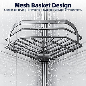 LAMU Corner Shower Caddy Tension Pole, Shower Corner Caddy Fits 29-111 Inch Heights, Tension Shower Caddy With Adhesive Clamp, Four-Tier Adjustable Shower Caddy, 4 Hooks, Thick Rustproof Steel, Black