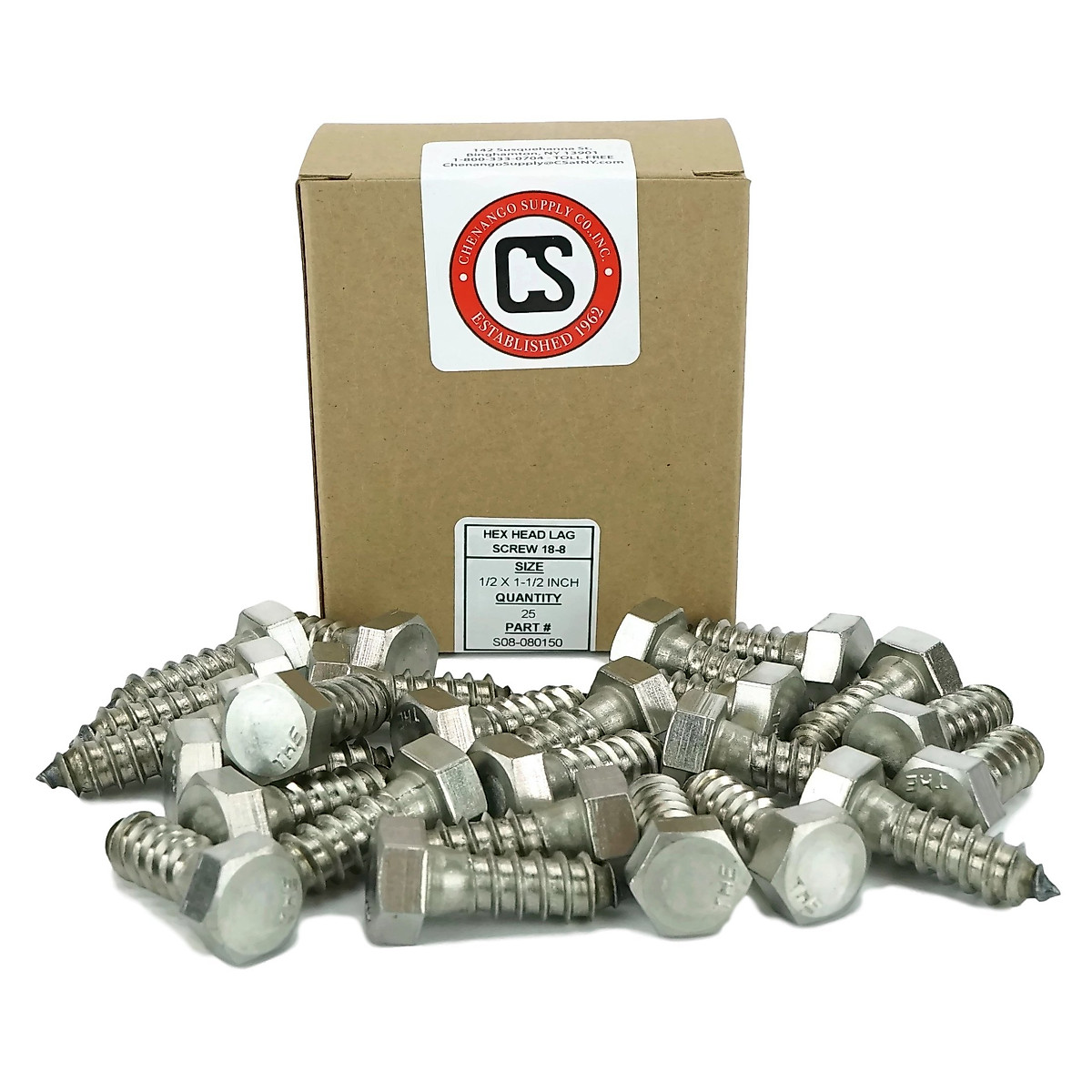 Stainless 1/2 x 1-1/2" Hex Lag Screw (1-1/2" to 5" Lengths Available in Listing), 18-8 Stainless Steel, 25 Pieces (1/2 x 1-1/2")