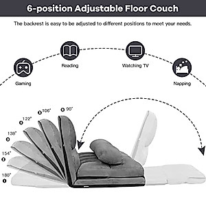 TUOCHUFUN Fluffy Lazy Sofa, 6-Position Foldable Adjustable Floor Sofa Bed with 2 Lumbar Pillows, Detachable Cloth Cover (Gray)