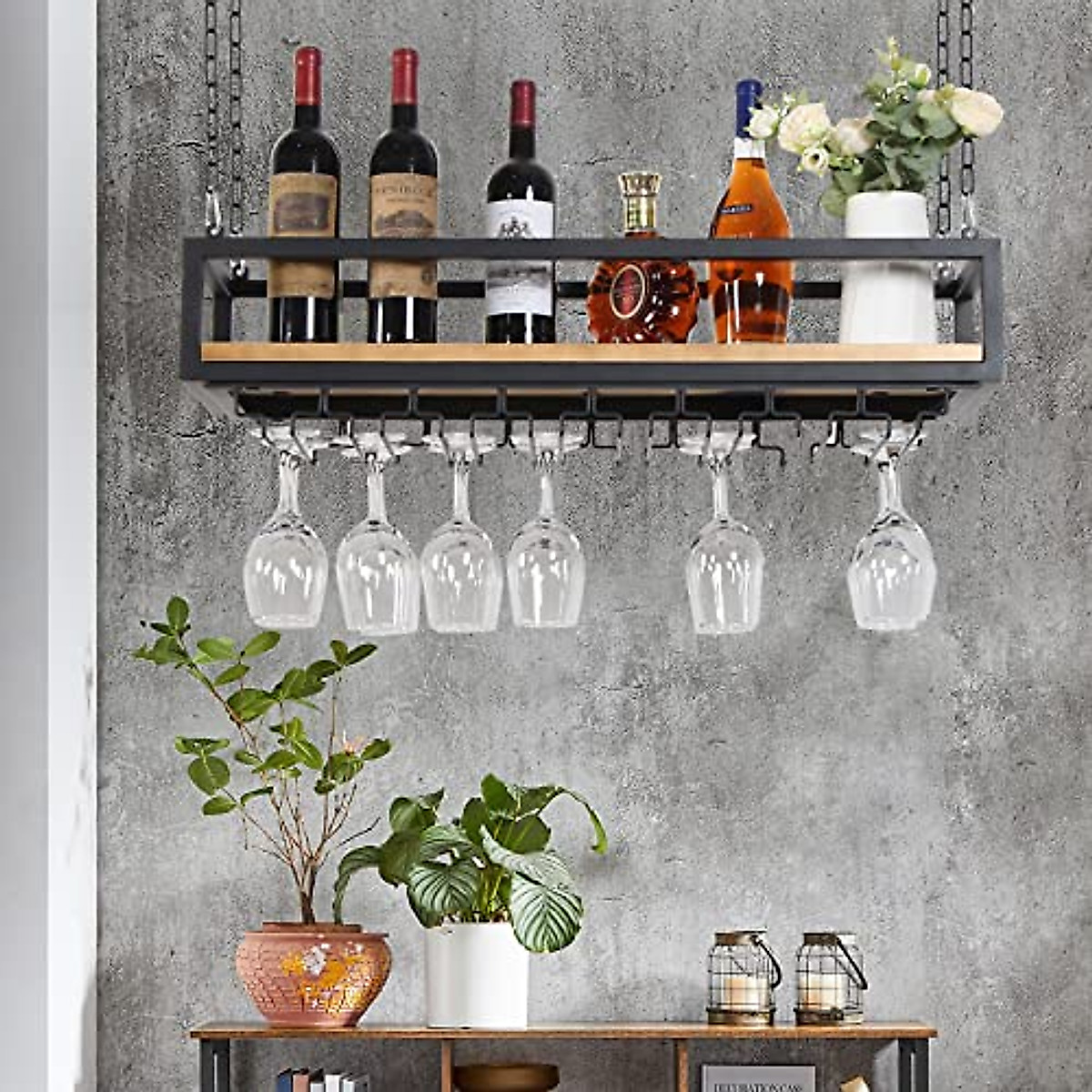 RZGY Hanging Wine Rack with Glass Holder and Shelf, Ceiling Mounted Wine Rack Adjustable Industrial Hanging Wine Bottle Holder, 39in Metal Iron Wine Shelf Black