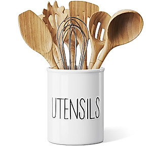 Barnyard Designs Ceramic Farmhouse Kitchen Utensil Holder for Countertop, Decorative Kitchen Utensil Holder, Large Kitchen Utensil Holder for Kitchen Counter, Utensil Crock Spatula Holder, 7" White