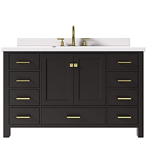 ARIEL 55" Espresso Bathroom Vanity with 1.5" Edge Pure White Quartz Countertop & Backsplash, Center Rectangular Sink, 2 Soft Closing Doors, 9 Full Extension Dovetail Drawers, Satin Brass