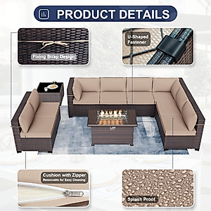 Delnavik Patio Furniture Sectional Sofa 10-Pieces PE Rattan Patio Conversation Set w/43in Gas Fire Pit Table, Outdoor Furniture with 55000 BTU Propane Fire Pit, Sand