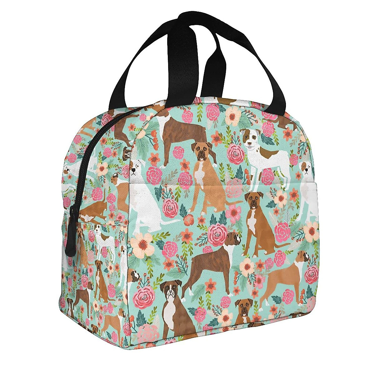 wzialfpo Boxer Dog Flowers Florals Lunch Box Tote Lunch Bag Insulated Portable Meal Bag Handbags For Adults Women Men Teens Suitable Work Picnic