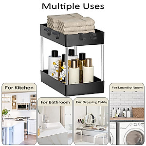 Under Sink Organizers and Storage, 2 Tier Storage Under Cabinet Bathroom Kitchen Organization and Storage with 4 Hooks, Multi-Purpose Under Sink Storage for Bathroom Kitchen, Black