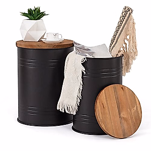 BRIAN & DANY 2 Pack Farmhouse Accent Side Table, Rustic Storage Ottoman Seat Stool with Round Wood Lid, Galvanized Metal Storage Bin for Living Room Furniture, Black