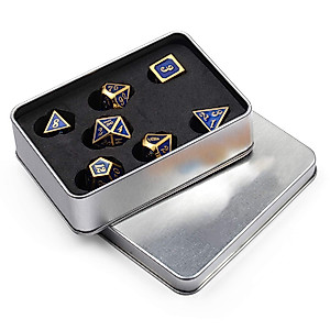 Set of 7 Metal Dice Set with Storage Box - Royal Blue with Gold Numbers - Includes D4, D6, D8, D10, D12, D20 and D% by SciencePurchase