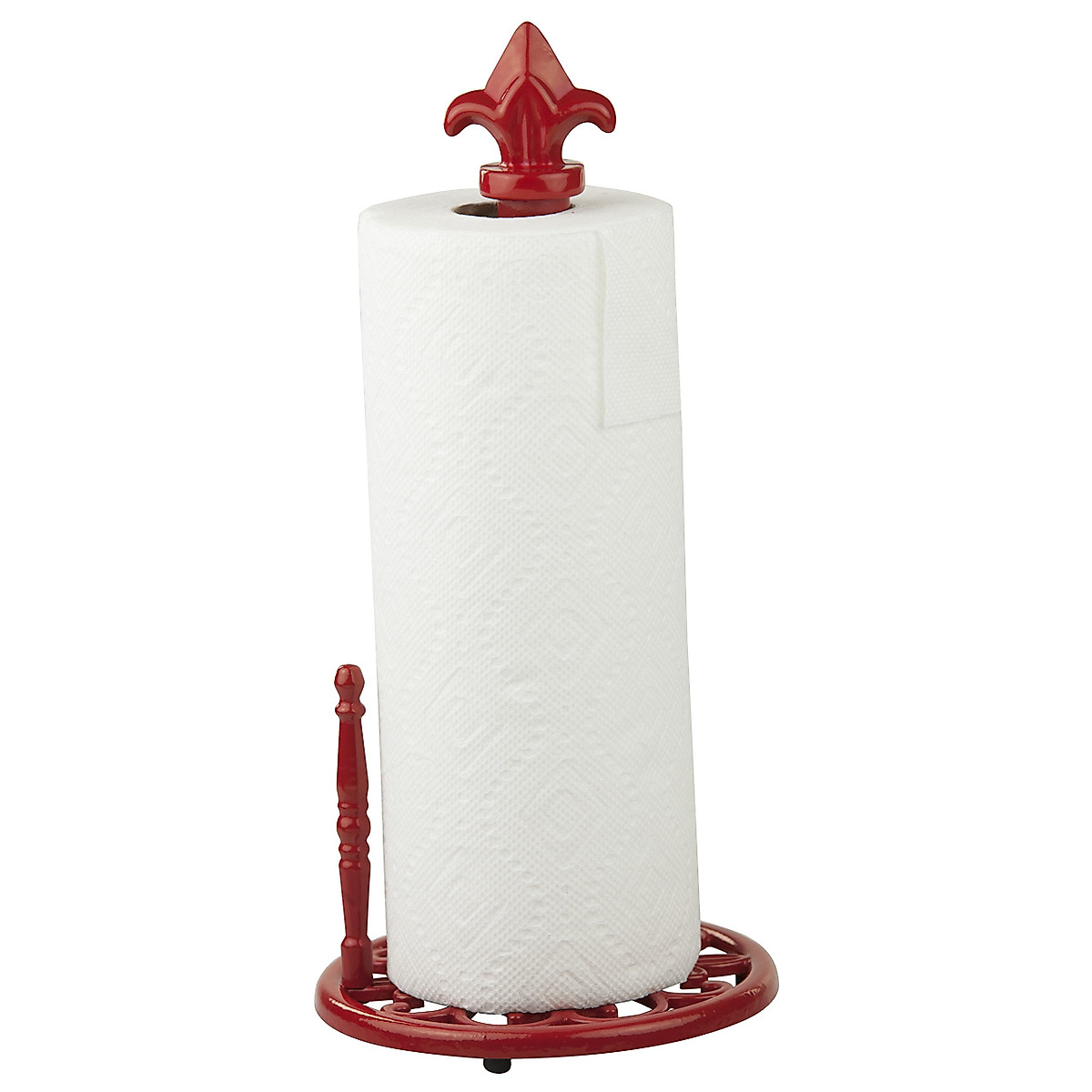 Home Basics Weighted Cast Iron Steel Fleur De Lis Paper Towel Holder and Dispenser Stand, Red