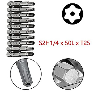 COMOK 10pcs 50mm Long 1/4 Inch Hex Shank T25 Torx Head Magnetic Screw Driver Bit Set Security Tamper Proof Star 6 Point Screwdriver Kit Tools