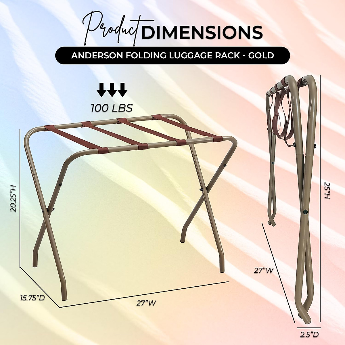 Kings Brand Furniture Anderson Folding Luggage Rack - Suitcase Stand With Storage Shelf - Folding Luggage Rack for Guest Room and Bedroom - Sturdy Portable and Stylish Metal Suitcase Stand - Gold