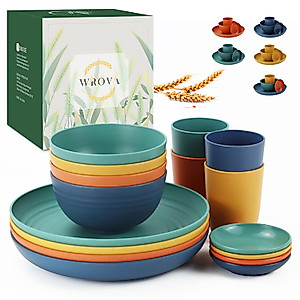 Wrova Wheat straw plates and bowls sets of 16 - Unbreakable wheat straw dinnerware sets for kids - Alternative plastic dinnerware set service for 4 - Microwave safe and Dishwasher safe bowls. Colorful