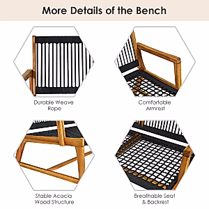 Tangkula 2-Person Patio Acacia Wood Bench Loveseat Chair, Outdoor Patio Bench Acacia Wood Bench in Teak Oil Finish, Patio Loveseat Rope Bench for Balcony Deck Poolside Porch (Black)