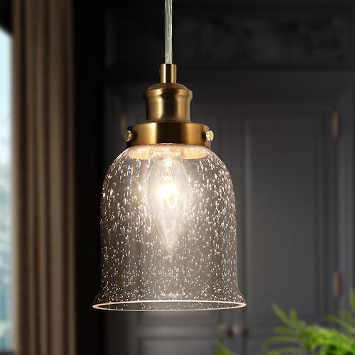 Pendant Light Kicthen Island, 1 Light Gold Pendant Hanging Light Fixtures, Modern Adjustable Pendant Light with Seeded Glass Shade