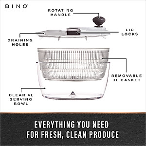BINO | Salad Spinner - 4.2 Qt | Large Manual Lettuce Spinner with Secure Lid Lock & Built-in Draining System | Salad Spinner with Salad Bowl | Fruit & Vegetable Basket Colander | Kitchen Gadgets