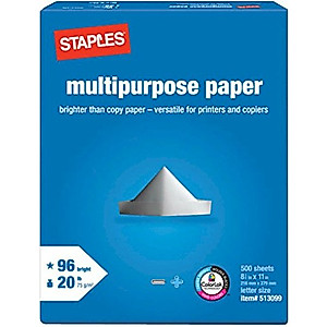 2 Pack: Staples Multipurpose Copy Fax Laser Inkjet Printer Paper, 8 1/2 Inch X 11 Letter Size, 20 Lb, 96 Bright White, Acid Free, Ream, 500 Sheets Each (1,000 Sheets Total)