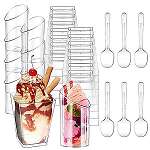 300 Pack Mini Dessert Cups with Spoons Clear Plastic Parfait Appetizer Cup Slanted Round Cup for Desserts Heart Square Clear Parfait Cups for Tasting Party Shooters Desserts (Round, Square, 3oz, 5oz)