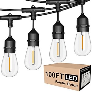 Outdoor String Lights LED 100FT Commercial Grade Heavy Duty with 30 Sockets 32 Shatterproof Include 2 Spare S14 Dimmable Plastic Edison Bulbs For Patio Market Cafe