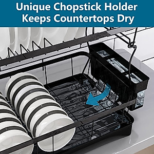 Johamoo Dish Drying Rack with Drainboard, 2 Tier Dish Rack for Kitchen Counter, Large Capacity Dish Drainer Set with Utensils Holder, Black