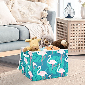 ALAZA Collapsible Large Storage Bin with Lid, Flamingo Palm Leaves Pattern Foldable Storage Cube Box Organizer Basket with Handles, Clothes Blanket Box for Shelves, Closet, Nursery, Playroom