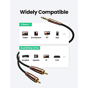 UGREEN 3.5mm to 2 Male RCA Cable Stereo Audio Adapter Braided Hi-Fi Sound Auxiliary RCA Y Splitter, Metal Shell Shielded Aux RCA Y Cord Compatible with Smartphone MP3 Tablet Speaker, 6FT